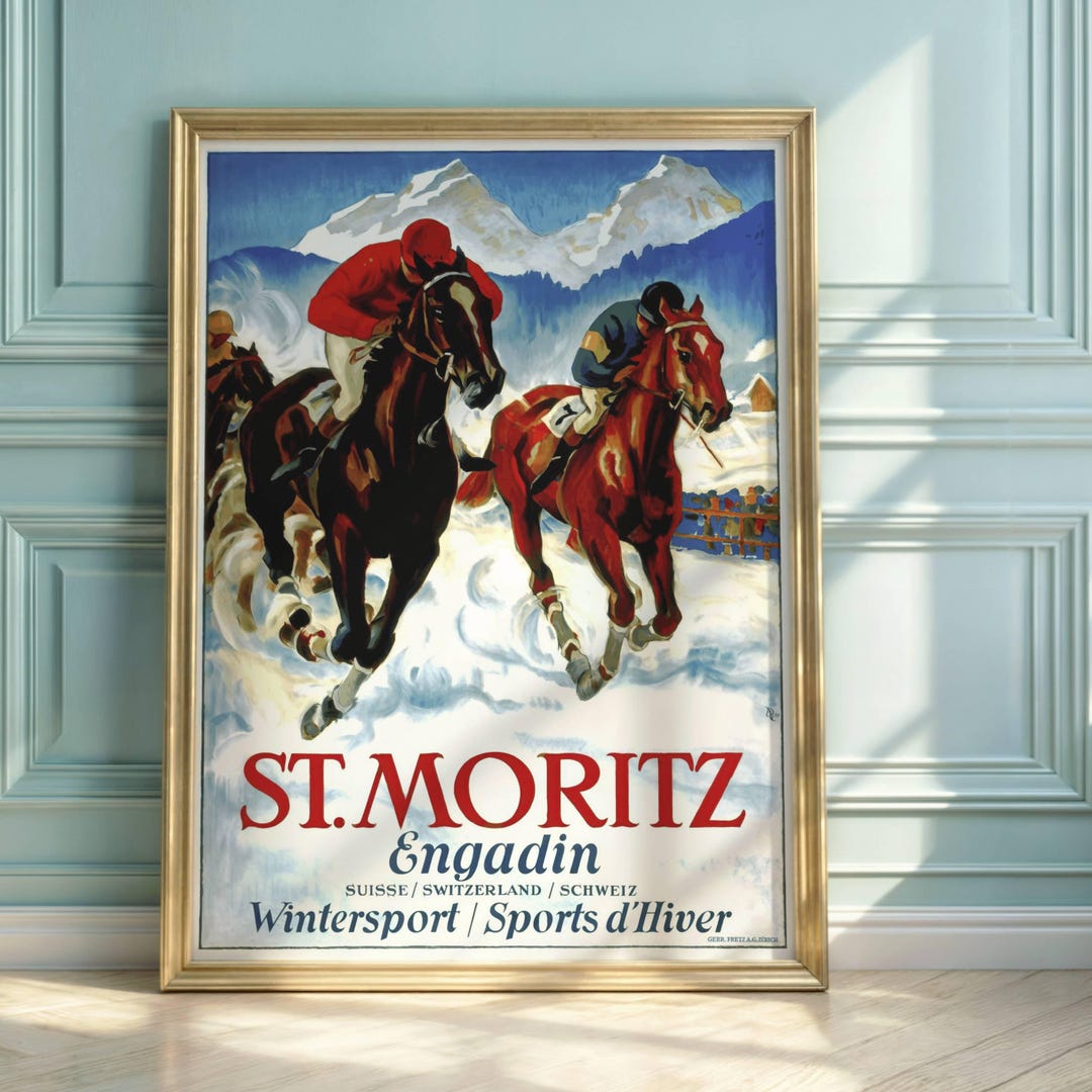Vintage St. Moritz Poster: Horse Racing on Snow, Retro Swiss Travel Art ...