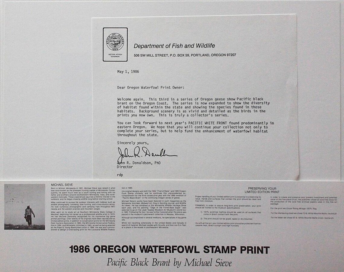 1985 Oregon Second in Series of State Duck Stamp Prints. Wall Art, Home ...