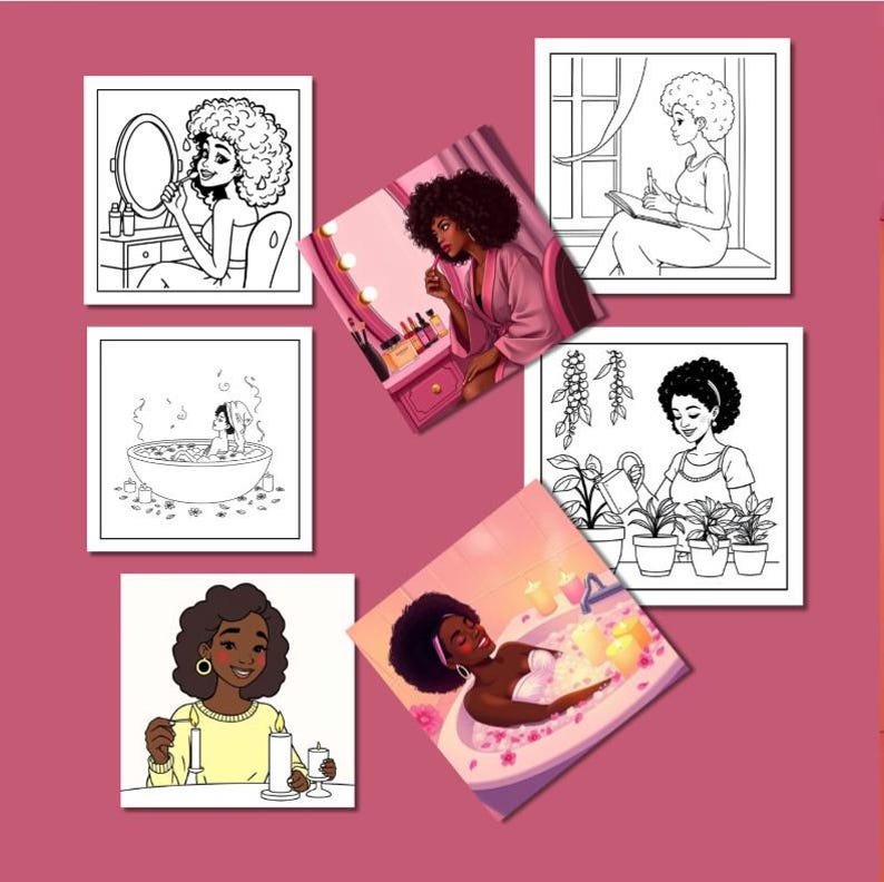 Cozy Black Girl Moments Coloring Pages PDF | Self Care Printable Pages ...