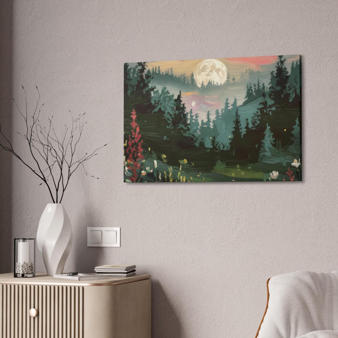 Canvas Stretched, Forest Moonlight Art Print, Serene Landscape Wall ...