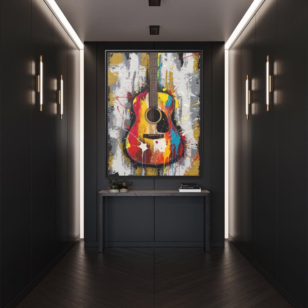 Colorful Abstract Acoustic Guitar Canvas Wall Art, Framed Music Lover's ...
