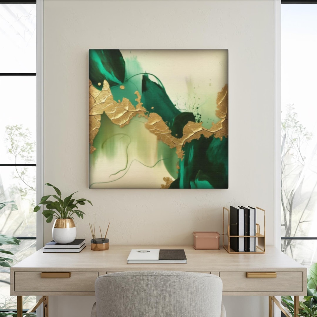 Emerald Green Abstract Wall Art With Gold Leaf Details Modern Stretched ...
