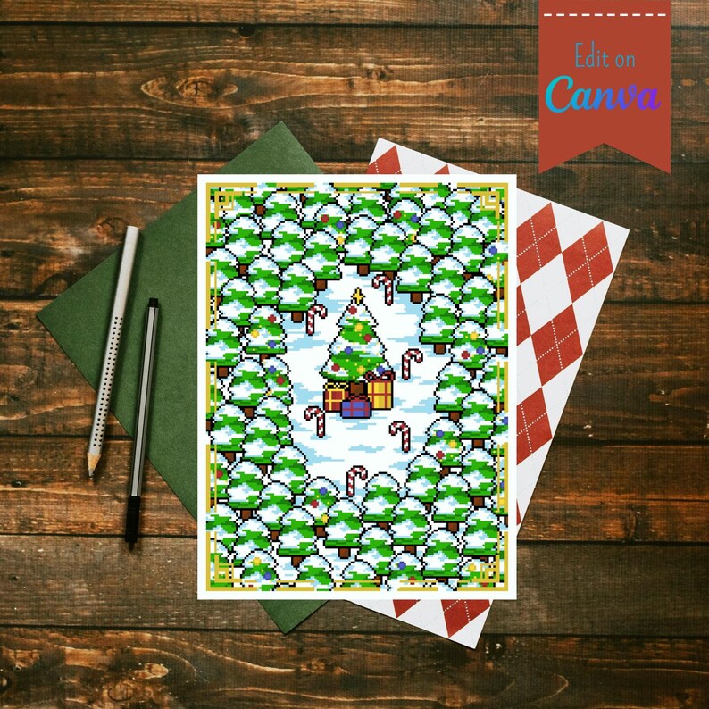 Geeky Christmas Card - Pixel Art - Canva Template - Etsy