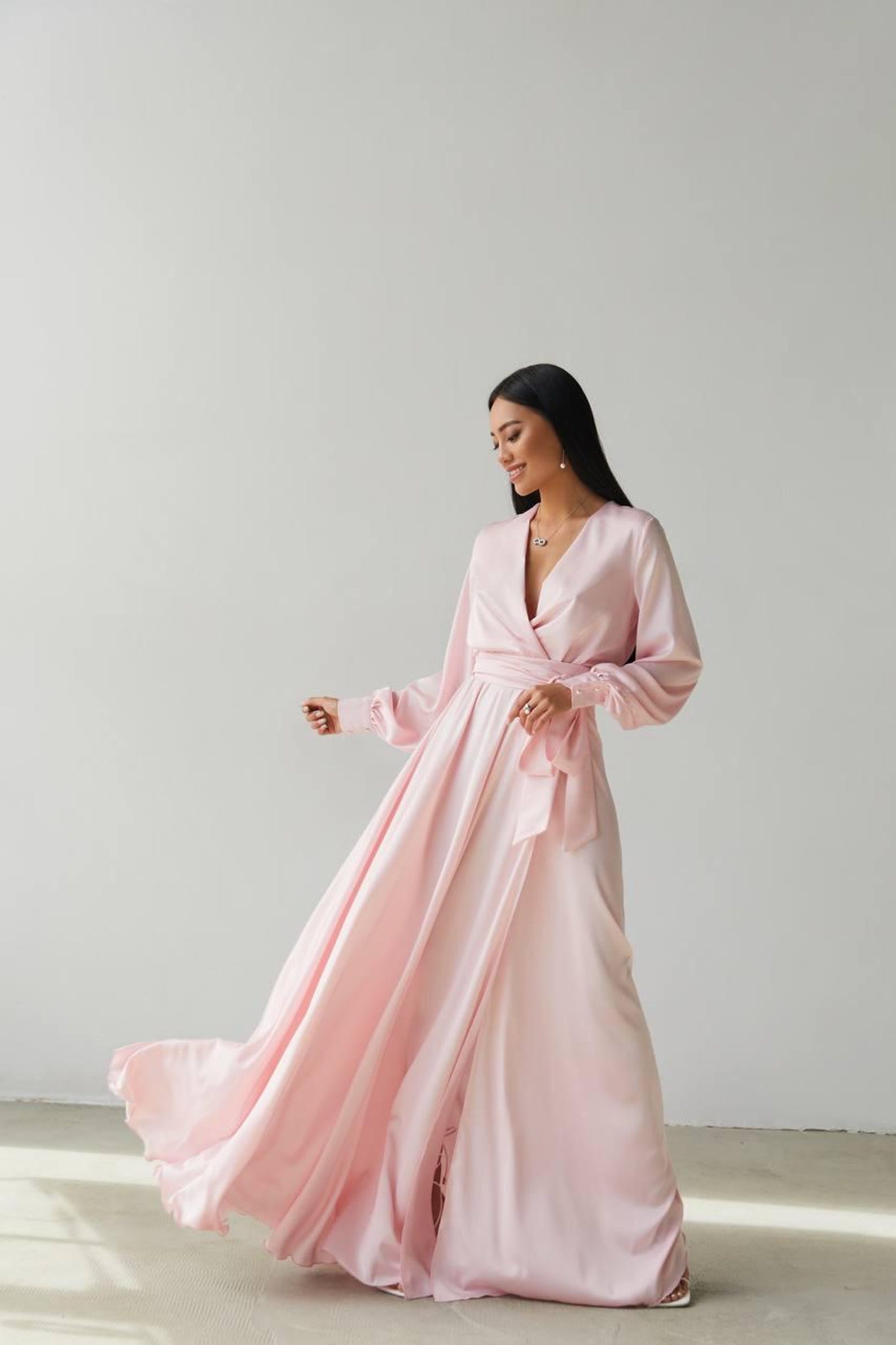 Baby Pink Silk Maxi Wrap Dress Satin Long Sleeve Dress Bridesmaid Dress ...
