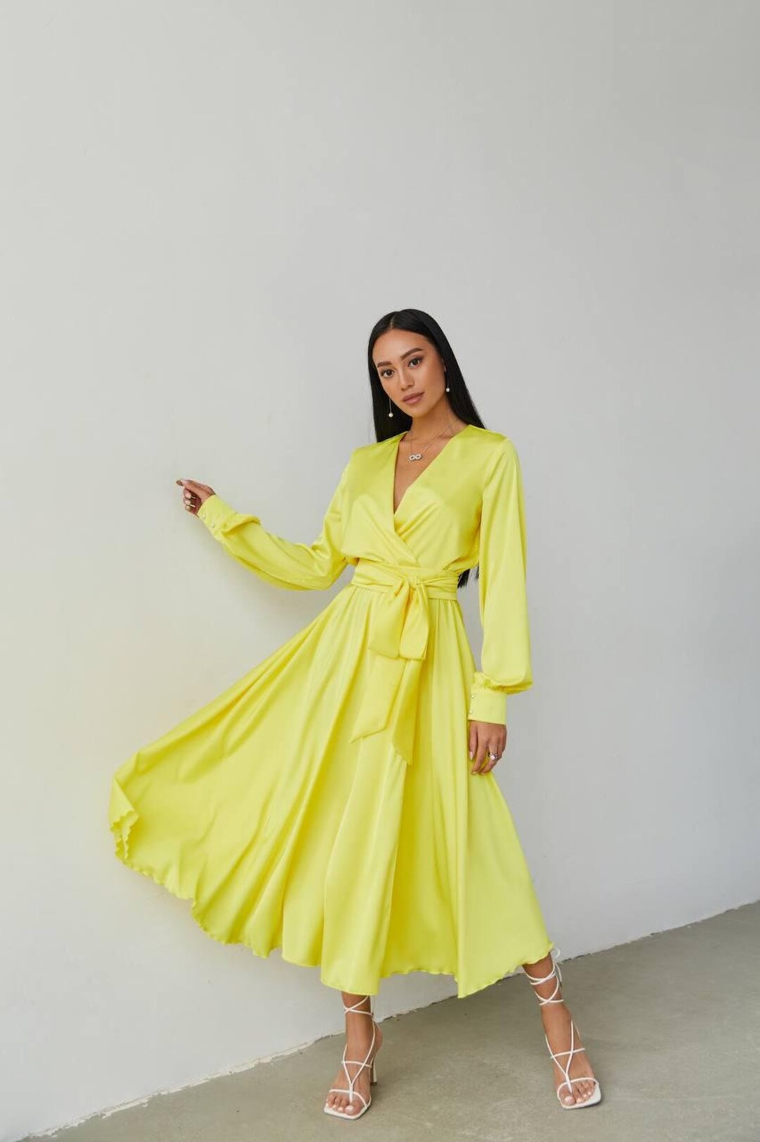 Yellow Silk Midi Wrap Dress Satin Long Sleeve Dress Bridesmaid Dress ...