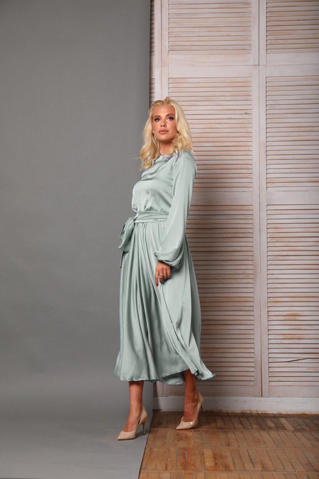 Sage Green Silk Midi Dress: Long Sleeve A-line Formal Gown - Etsy