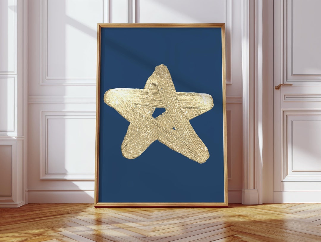 Gold Star Art Print, Retro Star Poster, Navy Blue Star Wall Art, Trendy Aesthetic Sketch Art ...