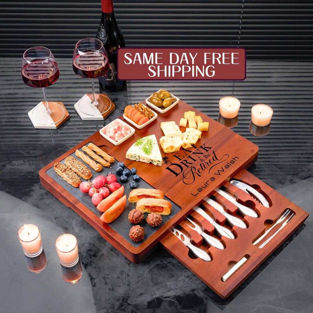 Retirement Gift, Charcuterie Board Personalized, Eat Drink & Be Retired ...