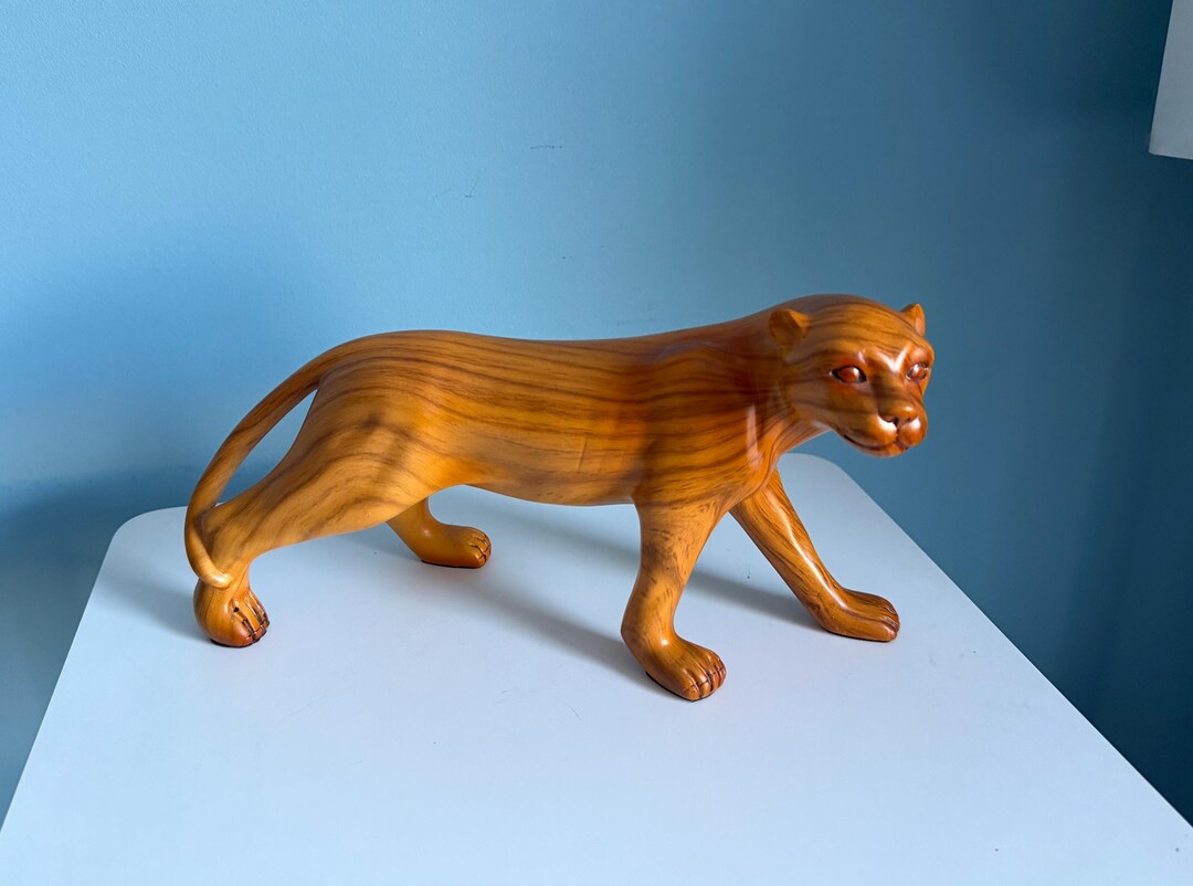 Faux Olive Wood Cougar Figurine, Safari Puma Statue, 1990s Resin Big ...
