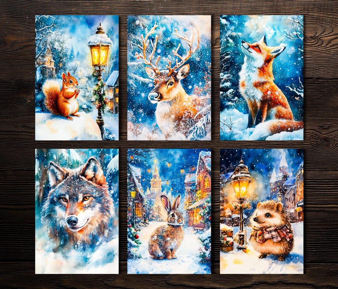 6 Printable Postcard Digital Download, Winter Animals Postcards ...