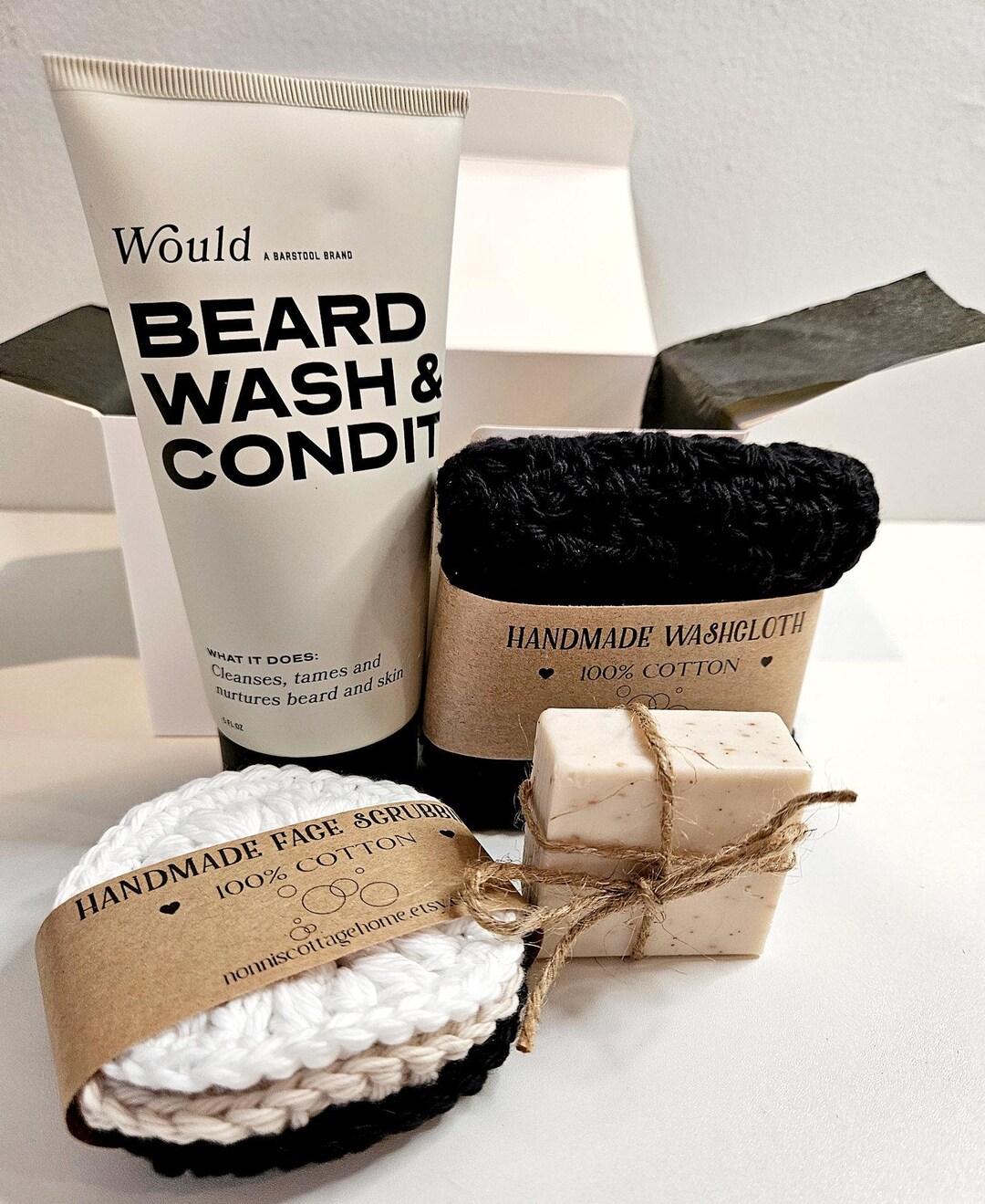 Men's Boxed Gift Set Self Care Handmade Cotton Washcloth & Scrubbies ...