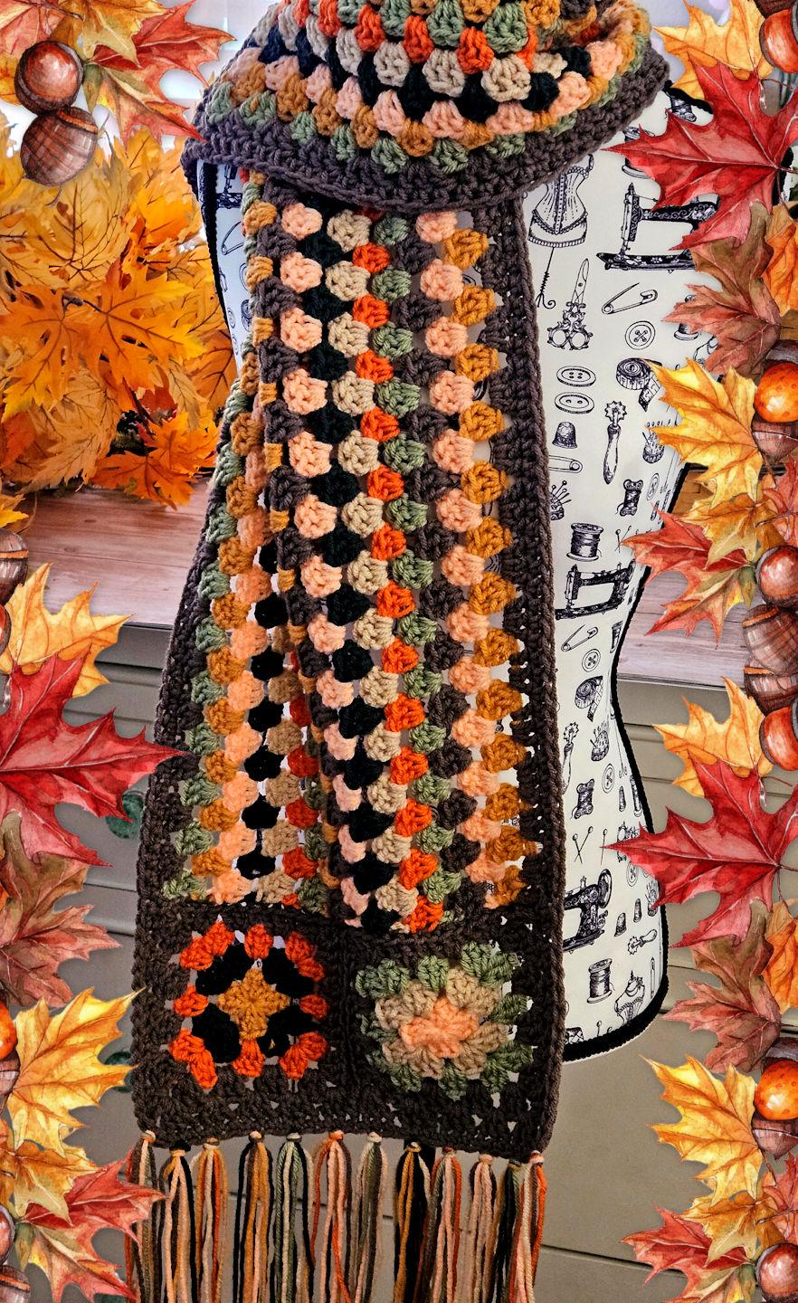 Handmade Granny Square Crochet Scarf Sage Green Harvest Gold Burnt ...