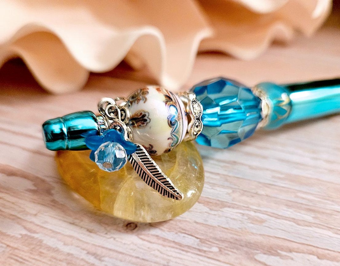 Teal Beaded Pen Feather & Bell Flower Charm Peacock Colors - Etsy