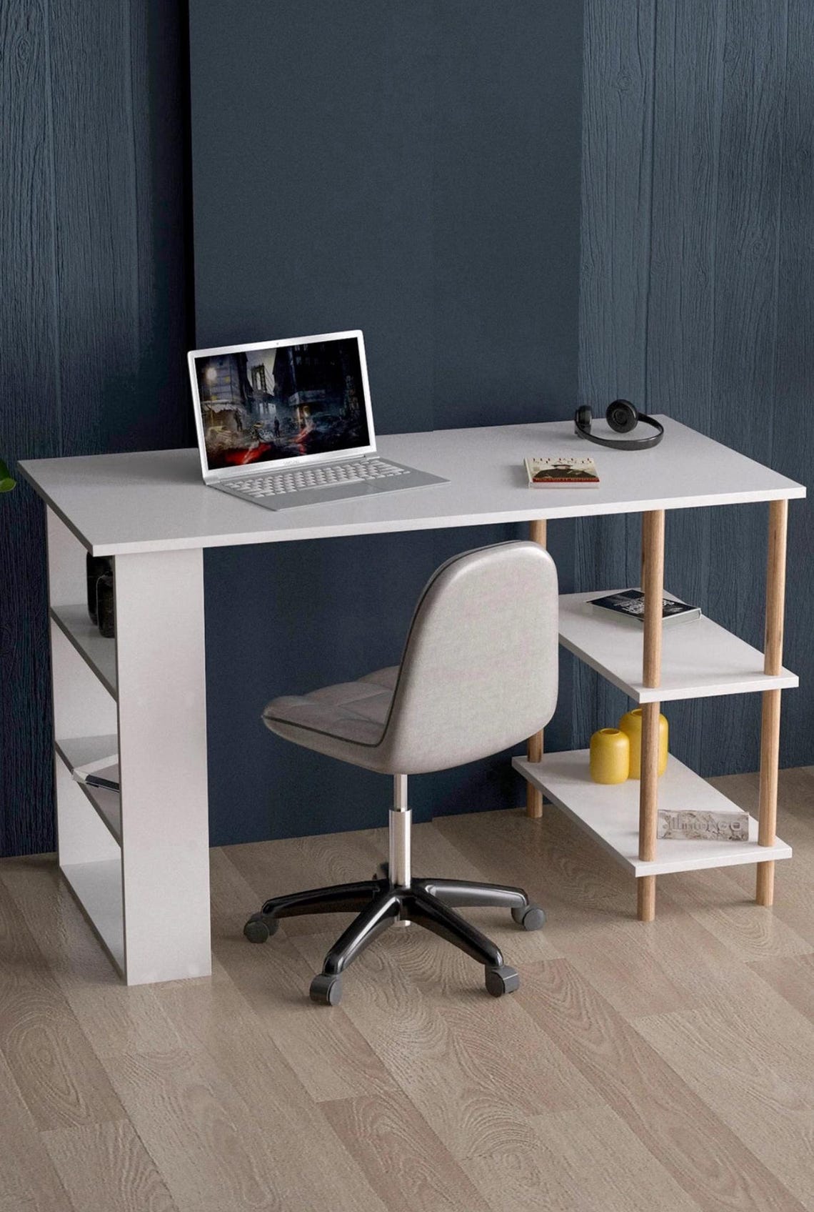 Modern Desk With 4 Shelves – Home Office Desk With Storage, Compact ...