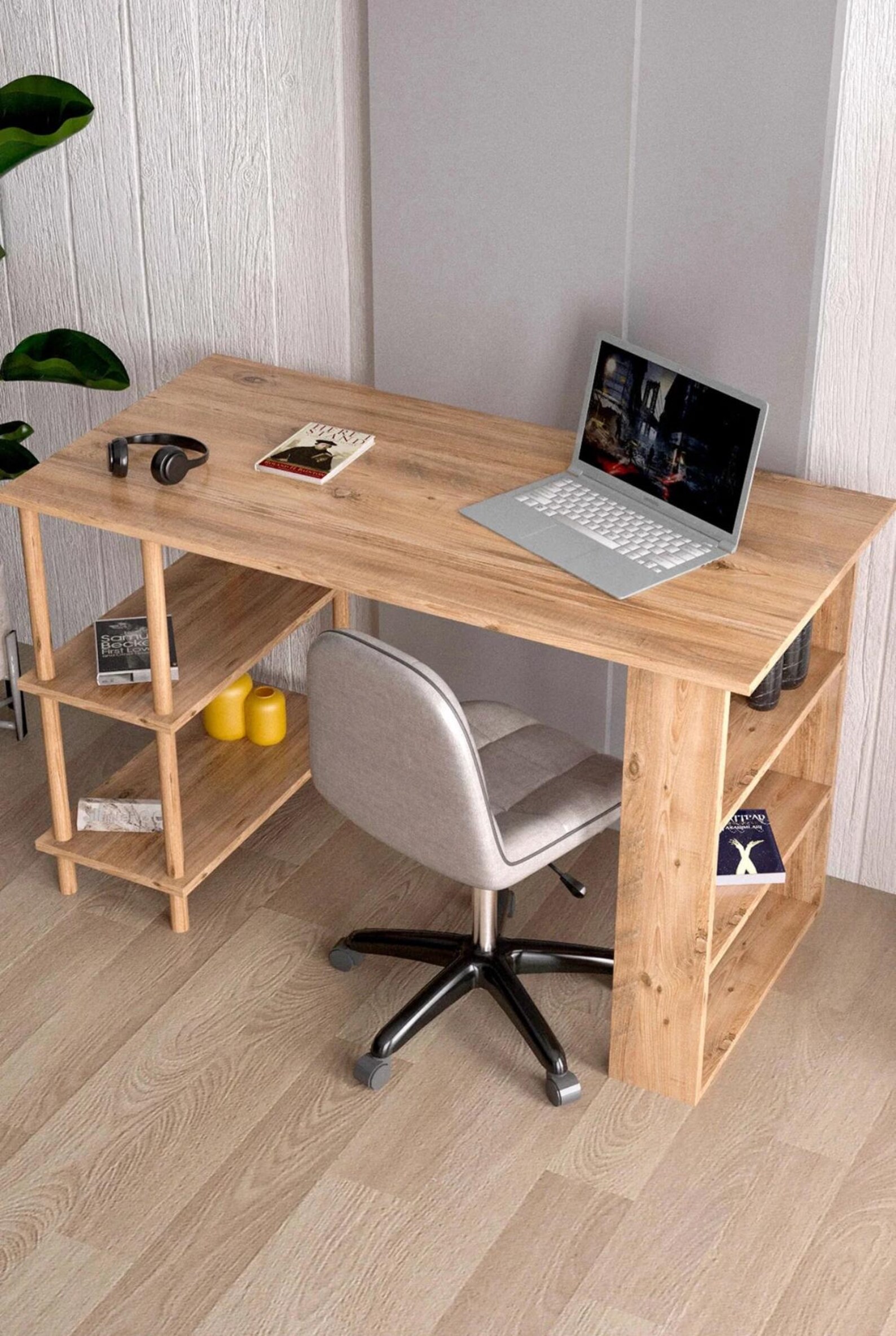 Modern Desk With 4 Shelves – Home Office Desk With Storage, Compact ...