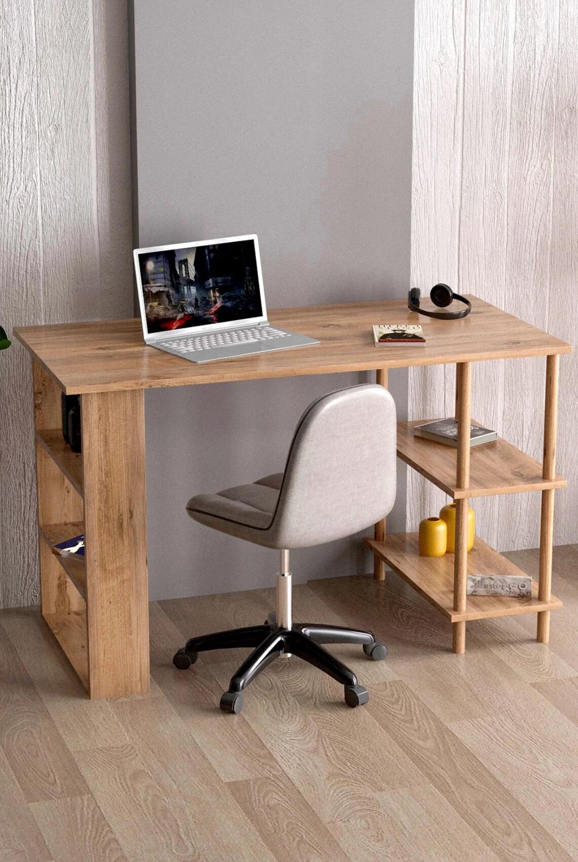 Modern Desk With 4 Shelves – Home Office Desk With Storage, Compact ...