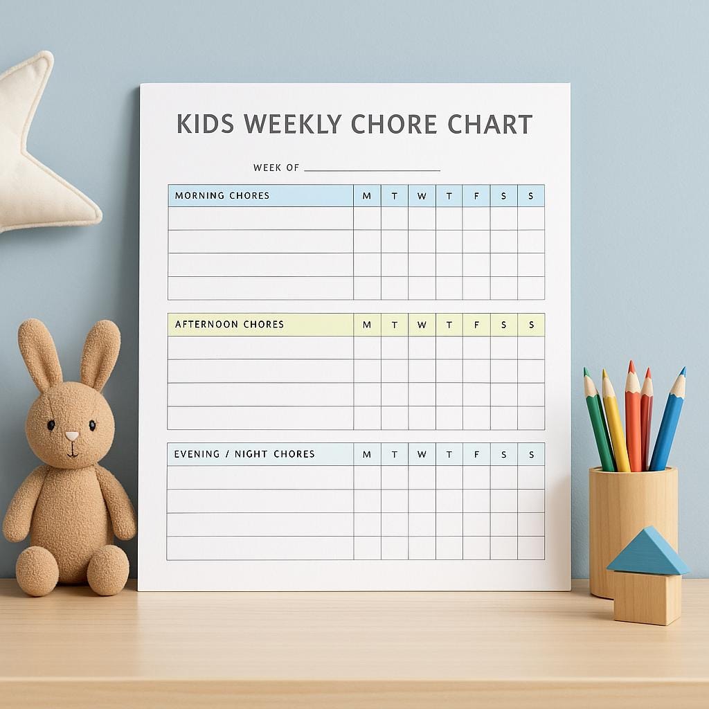Printable Kids Weekly Chore Chart – Morning, Afternoon & Night Routine ...