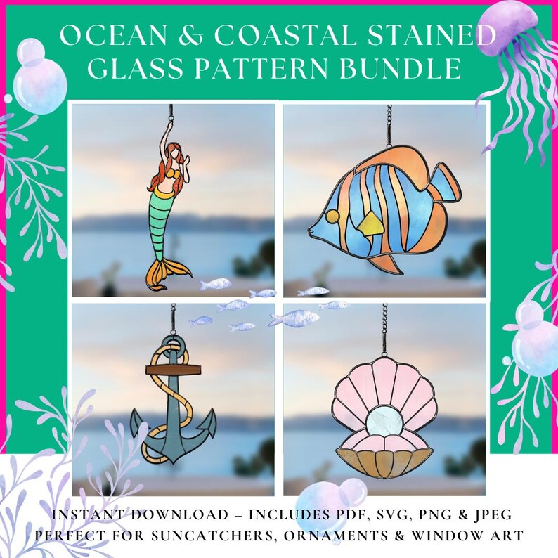 Ocean Stained Glass Pattern Bundle: Beach - Mermaid, Fish, Anchor ...