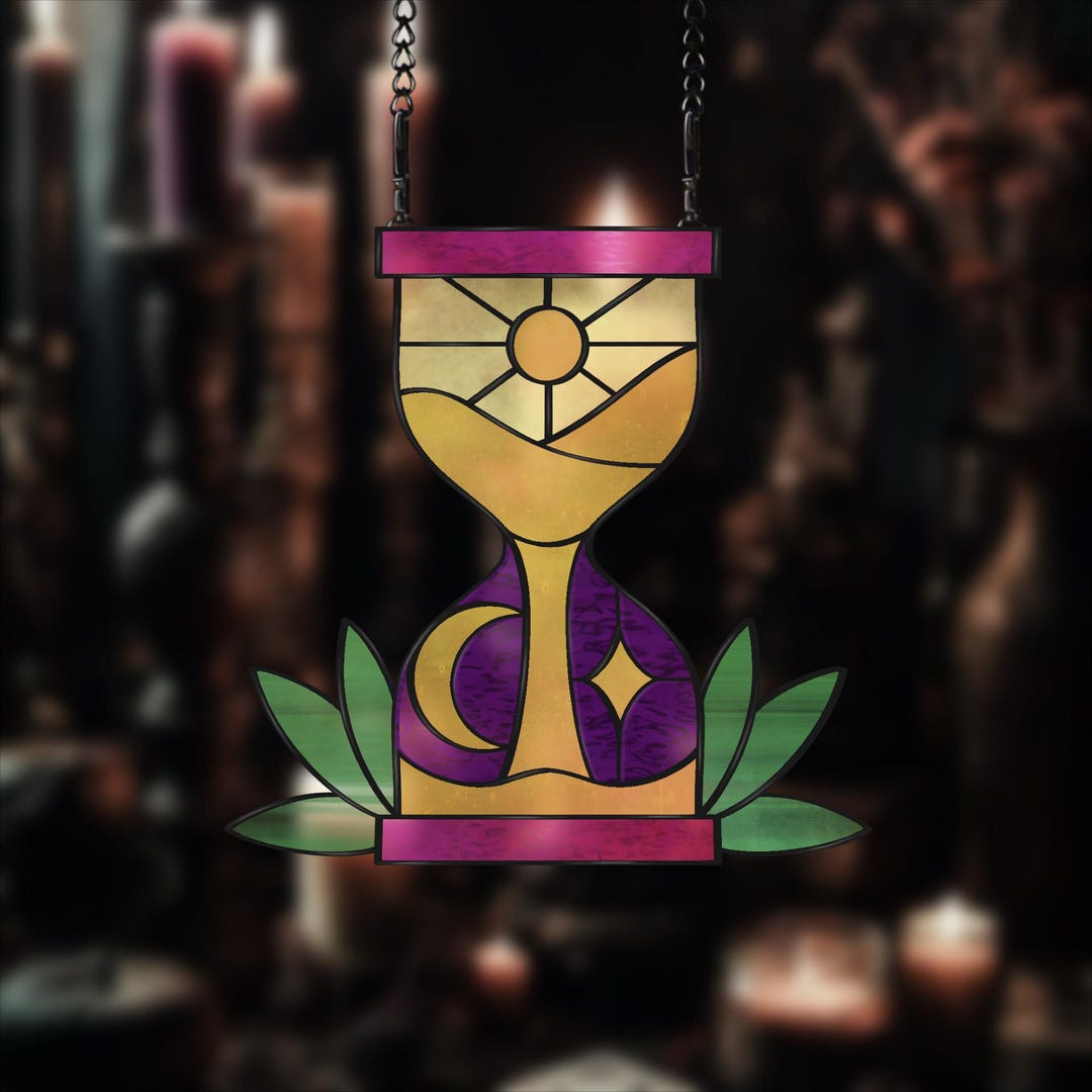 Celestial Hourglass Stained Glass Pattern – Moonlit Timepiece Design ...