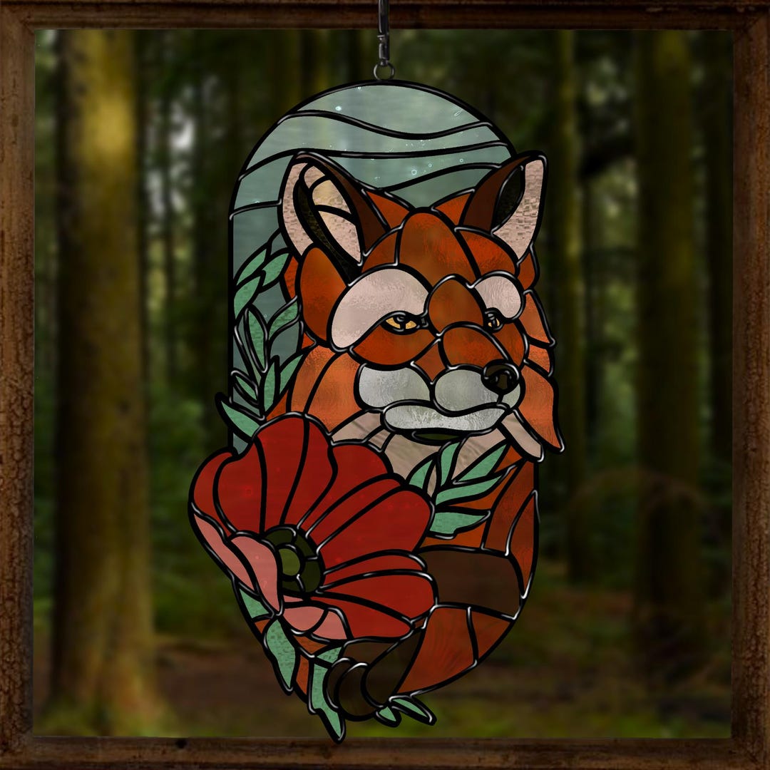 Fox With Poppy Stained Glass Pattern – Wildlife Glass Art Template ...