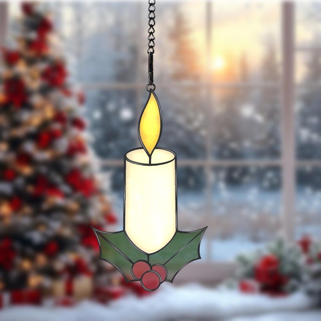 Candle and Holly Stained Glass Pattern – Christmas Ornaments (PDF, SVG ...