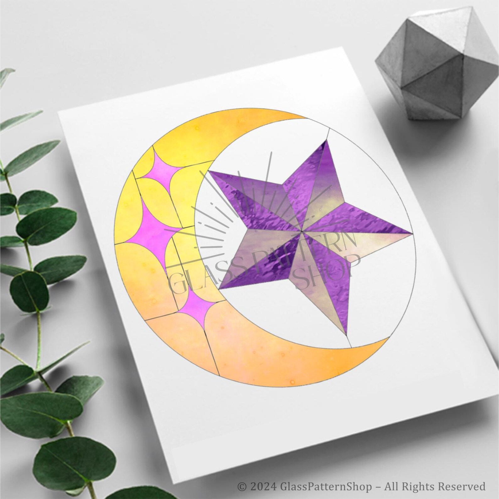 Crescent Moon and Star Stained Glass Pattern - Celestial Digital ...