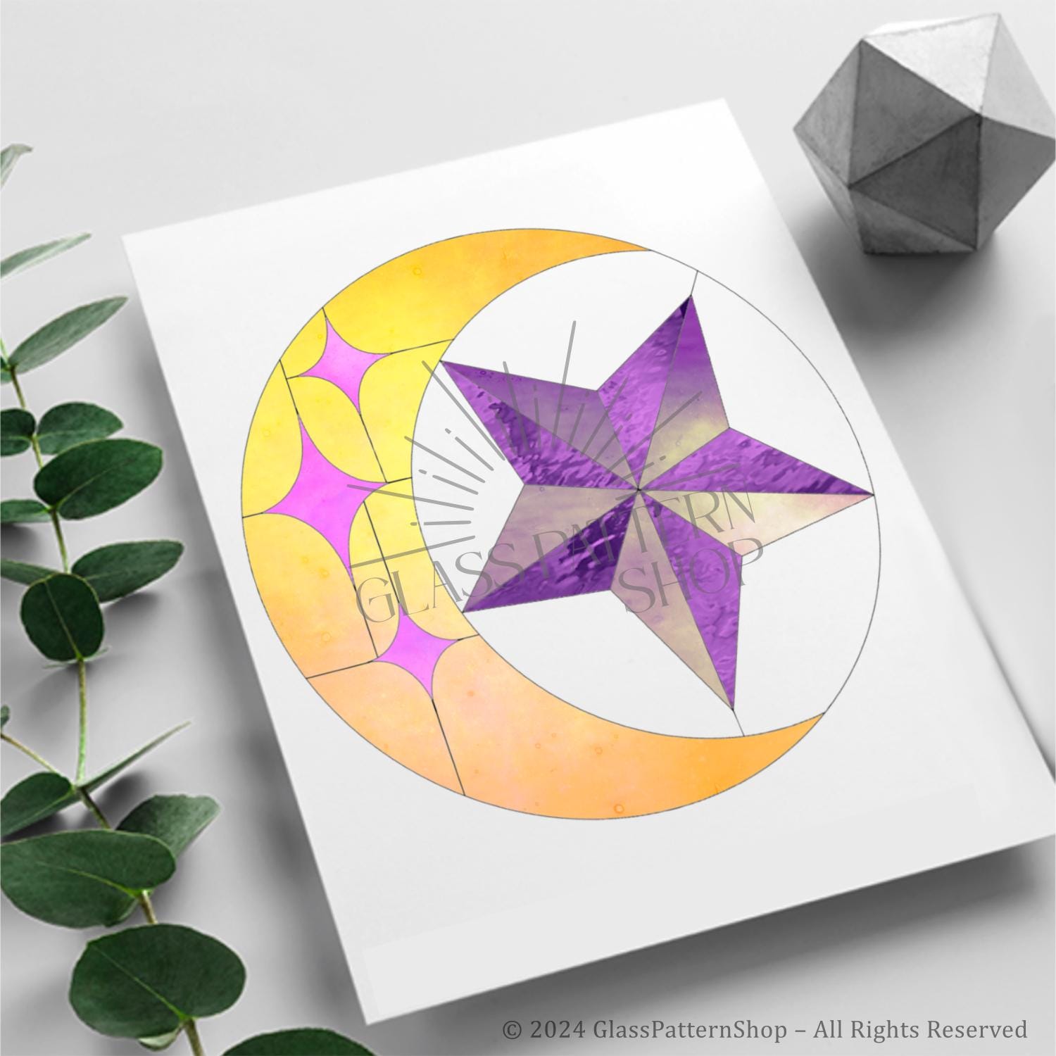 Crescent Moon and Star Stained Glass Pattern - Celestial Digital ...