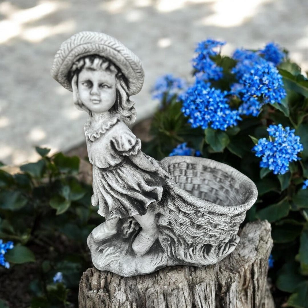 Cement Girl With Basket Figure, Concrete Flowers Pot Statue, Standing ...