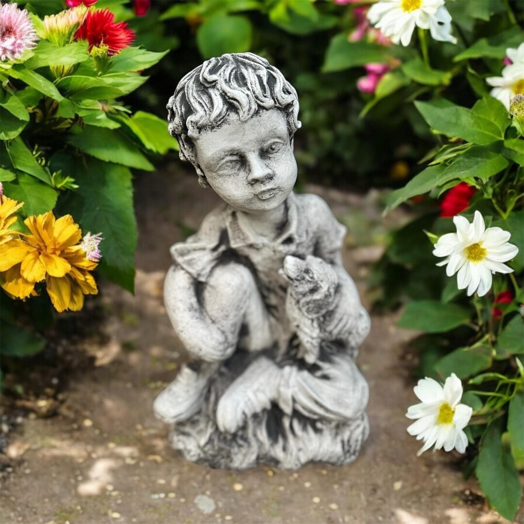 Concrete Boy With Dog Sculpture, Yard Sitting Kid With Puppy Statue ...