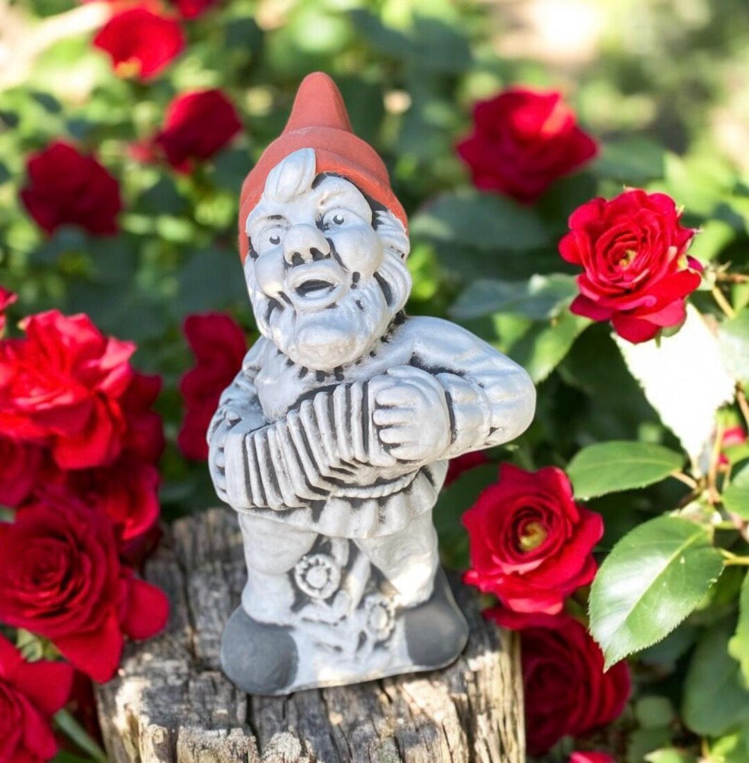 Concrete Harmonica Player Gnome Figure, Standing Stone Gnome Statue ...