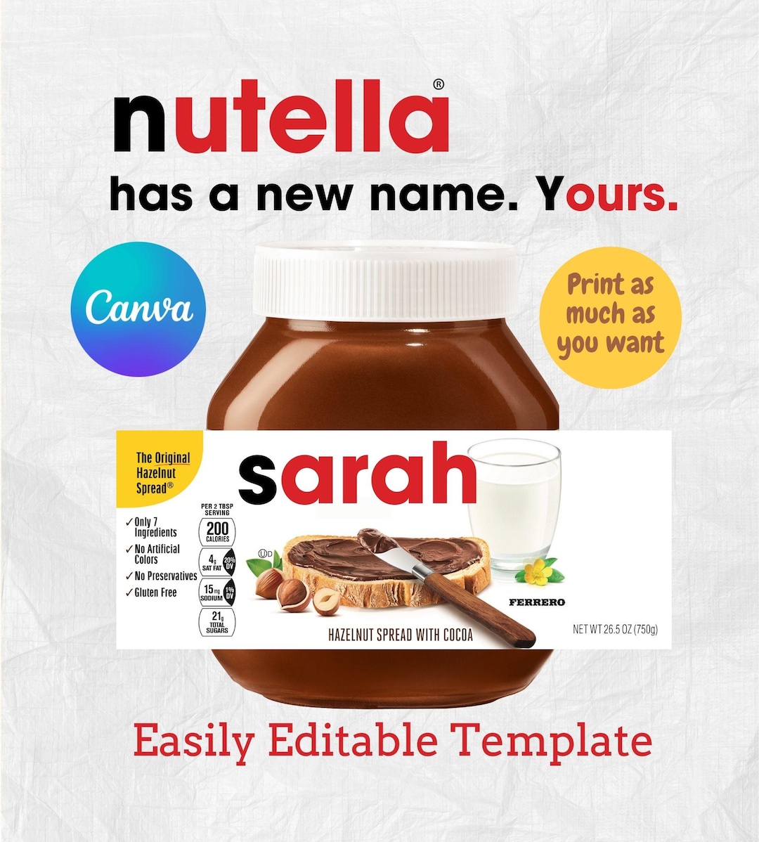 Personalised PRINTABLE HAZELNUT Jar Label Template, Printable Nutella ...