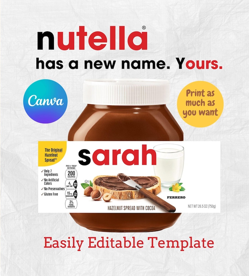 Personalised PRINTABLE HAZELNUT Jar Label Template, Printable Nutella ...