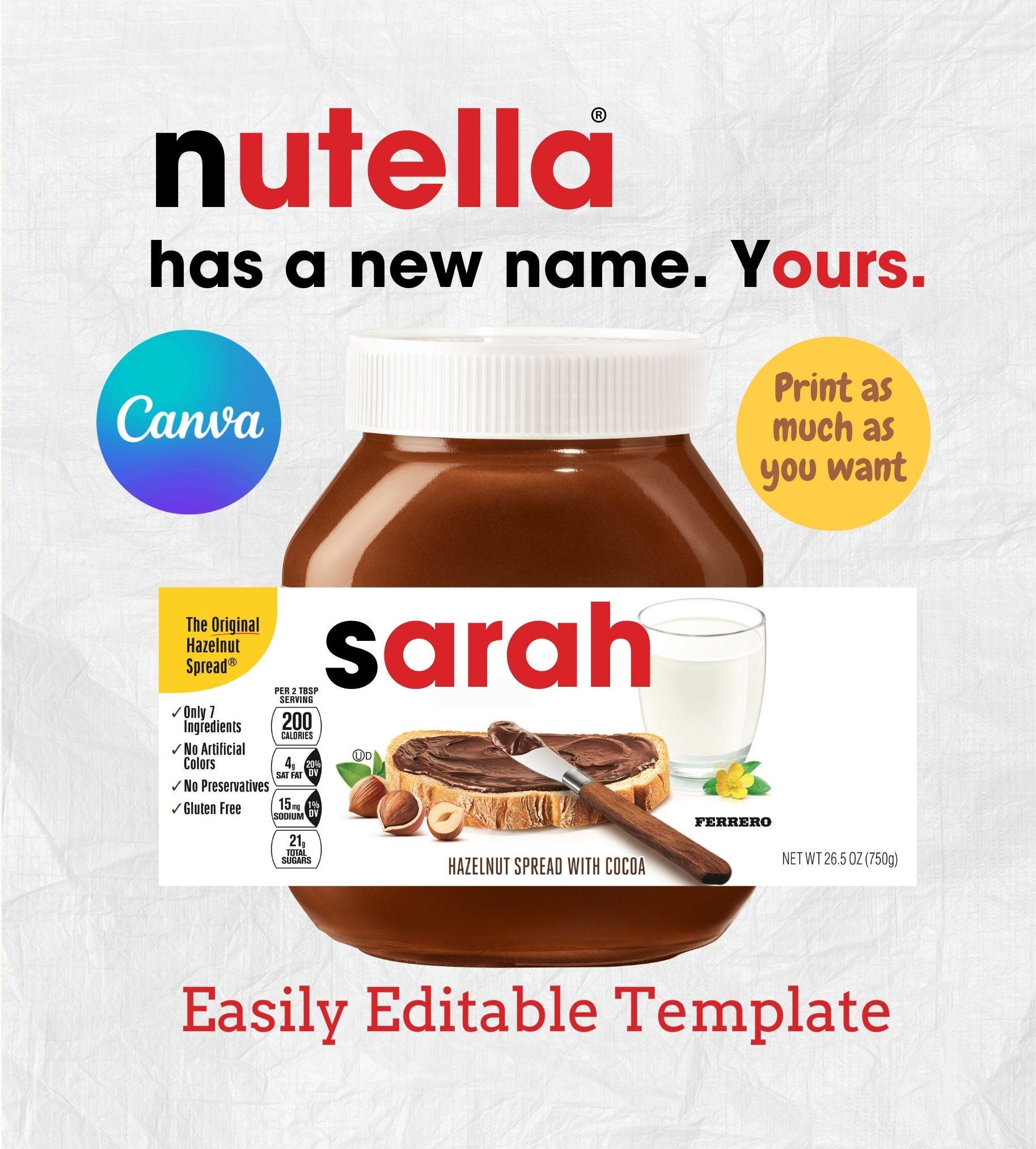 Personalised PRINTABLE HAZELNUT Jar Label Template, Printable Nutella ...