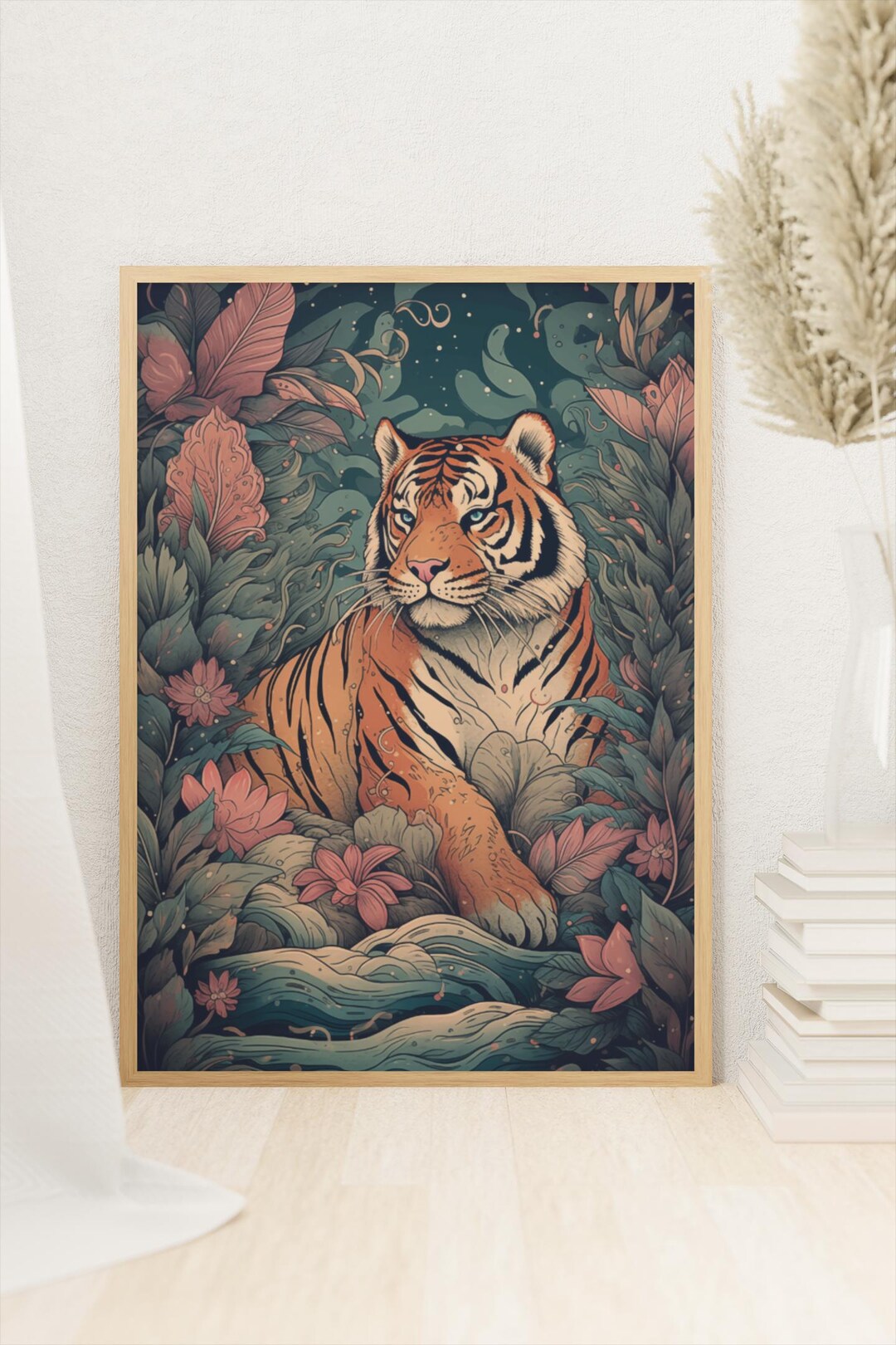 Wall Art of a Balinese Tiger, Maximalist Botanical Wall Art, Digital ...