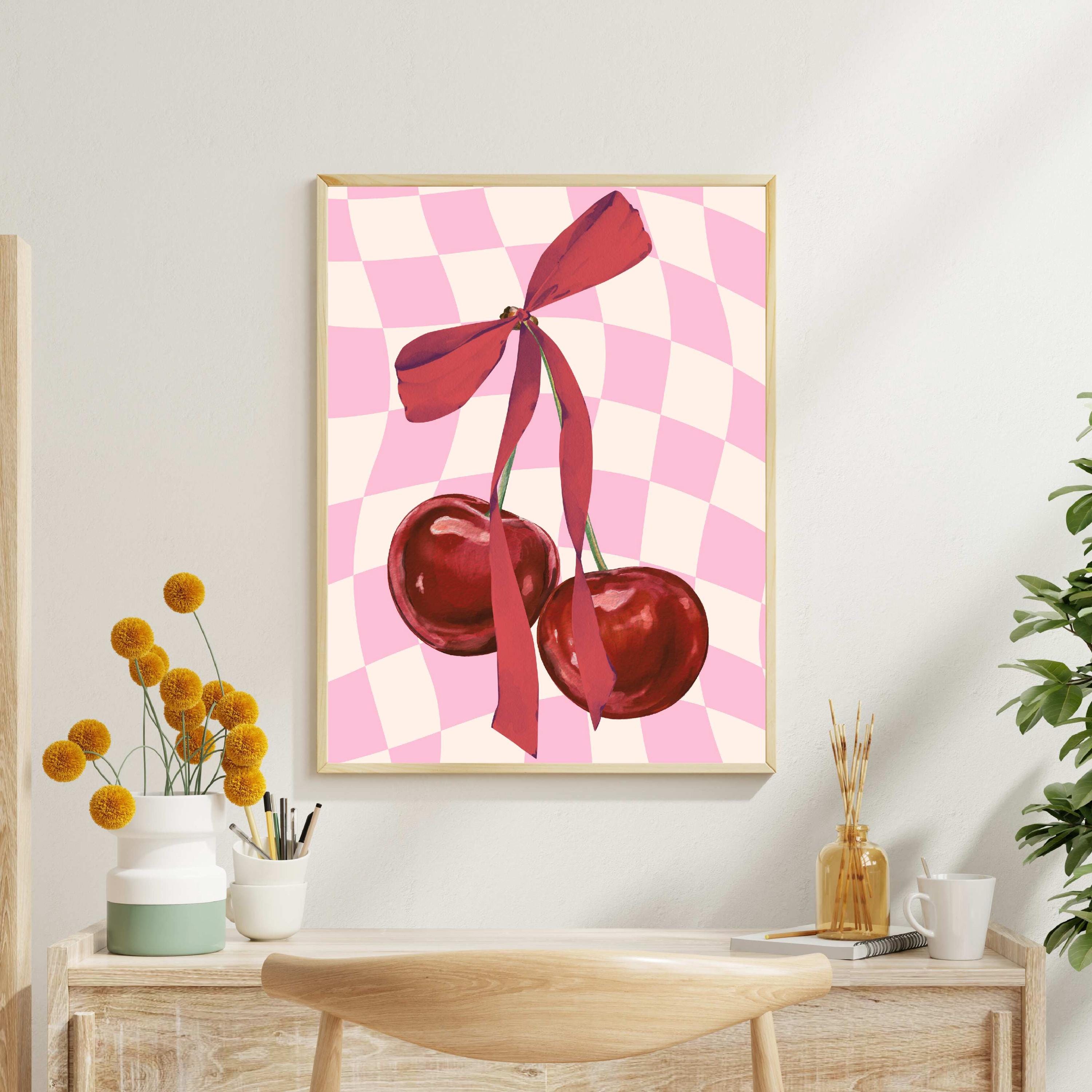 Cherry Retro Coquette Art Print Pastel Pink Poster Trendy Red Cherries ...