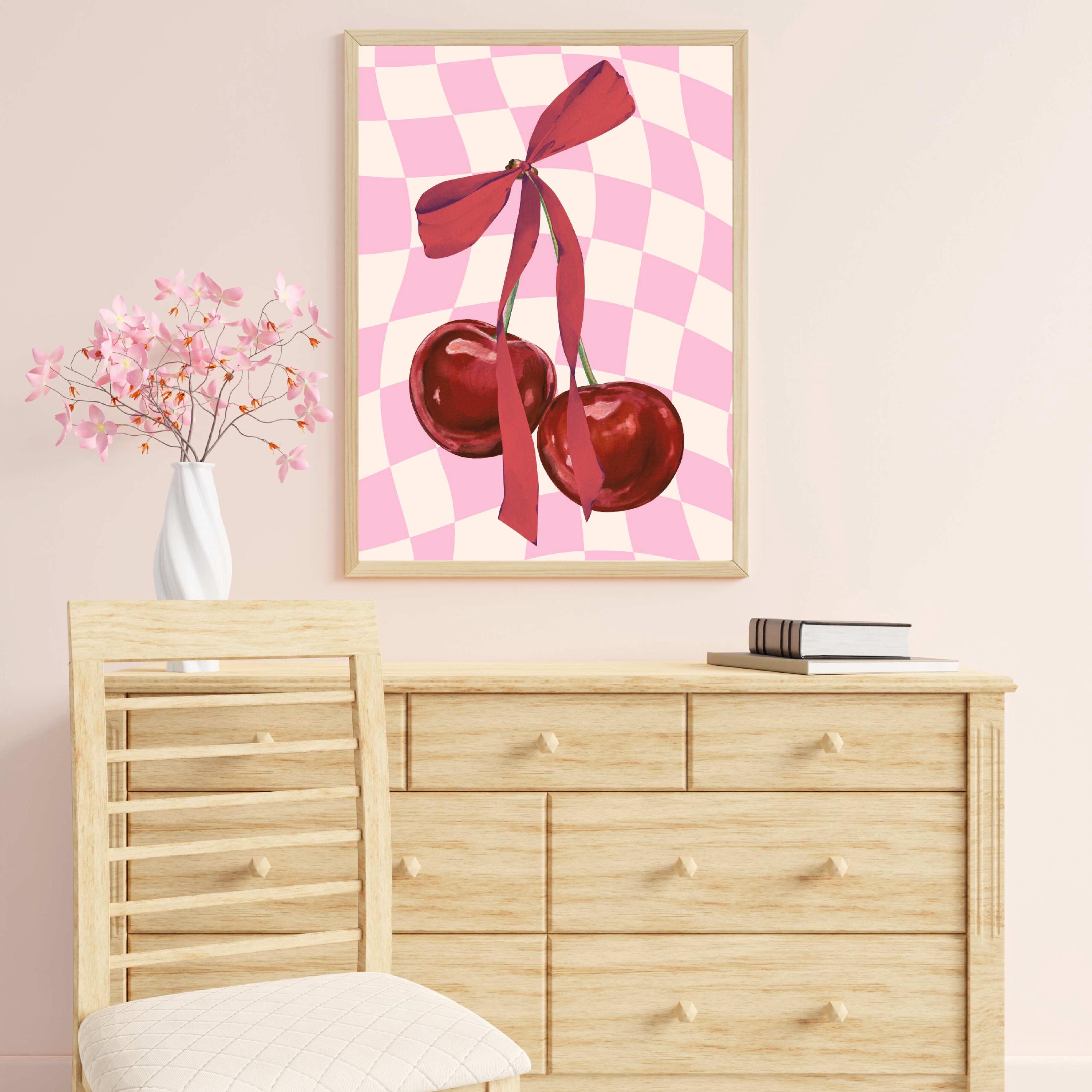 Cherry Retro Coquette Art Print Pastel Pink Poster Trendy Red Cherries ...