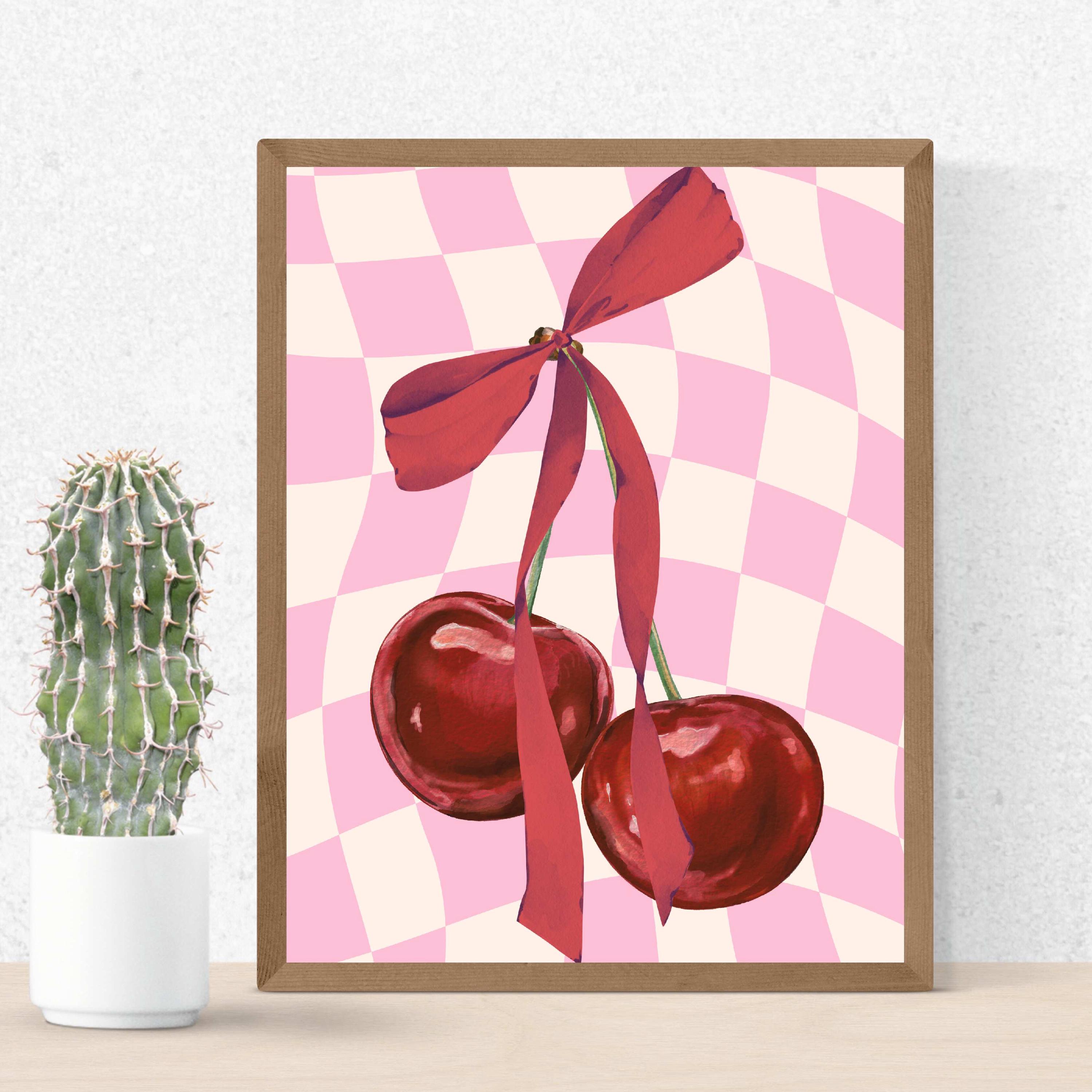 Cherry Retro Coquette Art Print Pastel Pink Poster Trendy Red Cherries ...