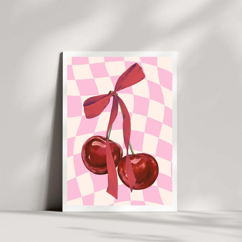 Cherry Retro Coquette Art Print Pastel Pink Poster Trendy Red Cherries ...