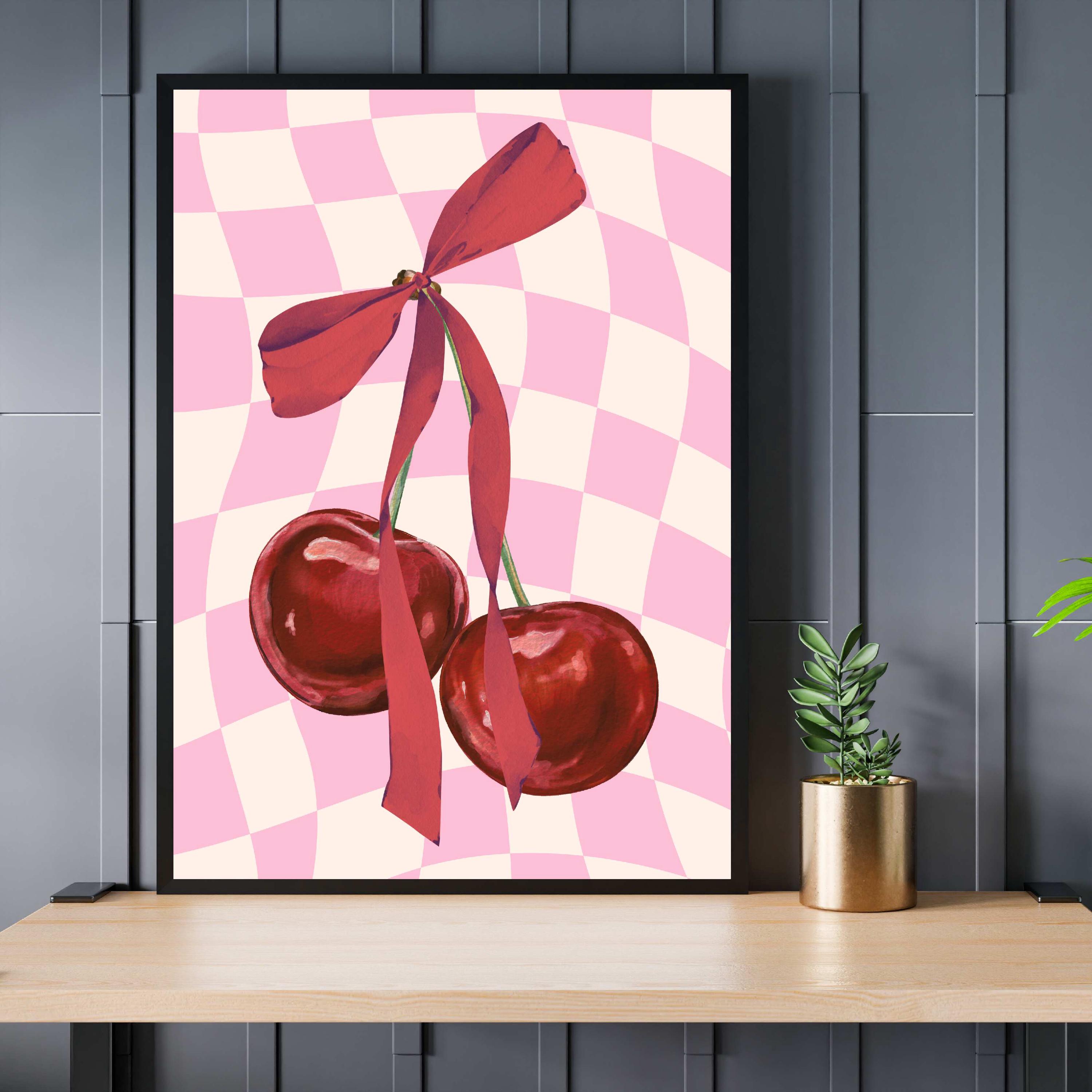 Cherry Retro Coquette Art Print Pastel Pink Poster Trendy Red Cherries ...