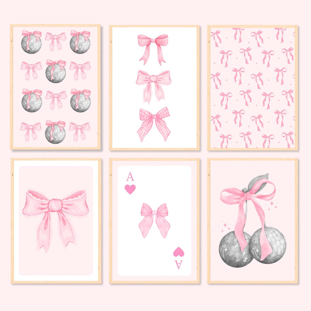 Pink Bows Wall Art Set of 6 Preppy Disco Poster College Apartment Decor ...