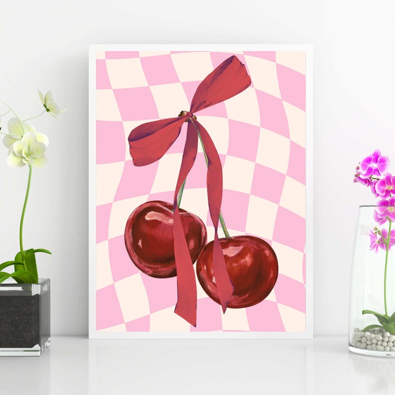 Cherry Retro Coquette Art Print Pastel Pink Poster Trendy Red Cherries ...