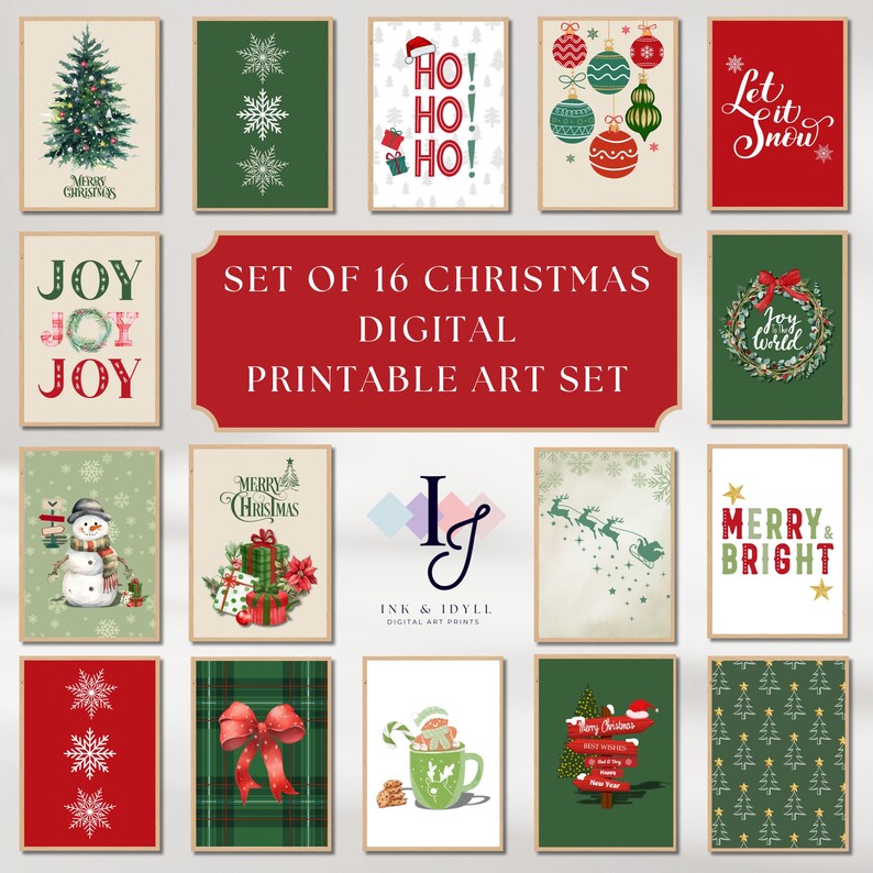 Set of 16 Green and Red Christmas Wall Art Festive Digital Holiday ...