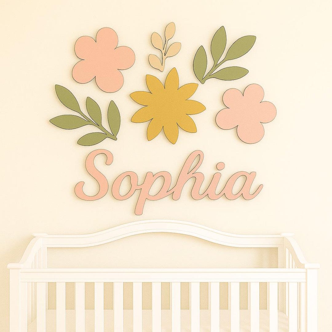 Floral Nursery Wall Decor With Personalized Wooden Name Sign - Etsy