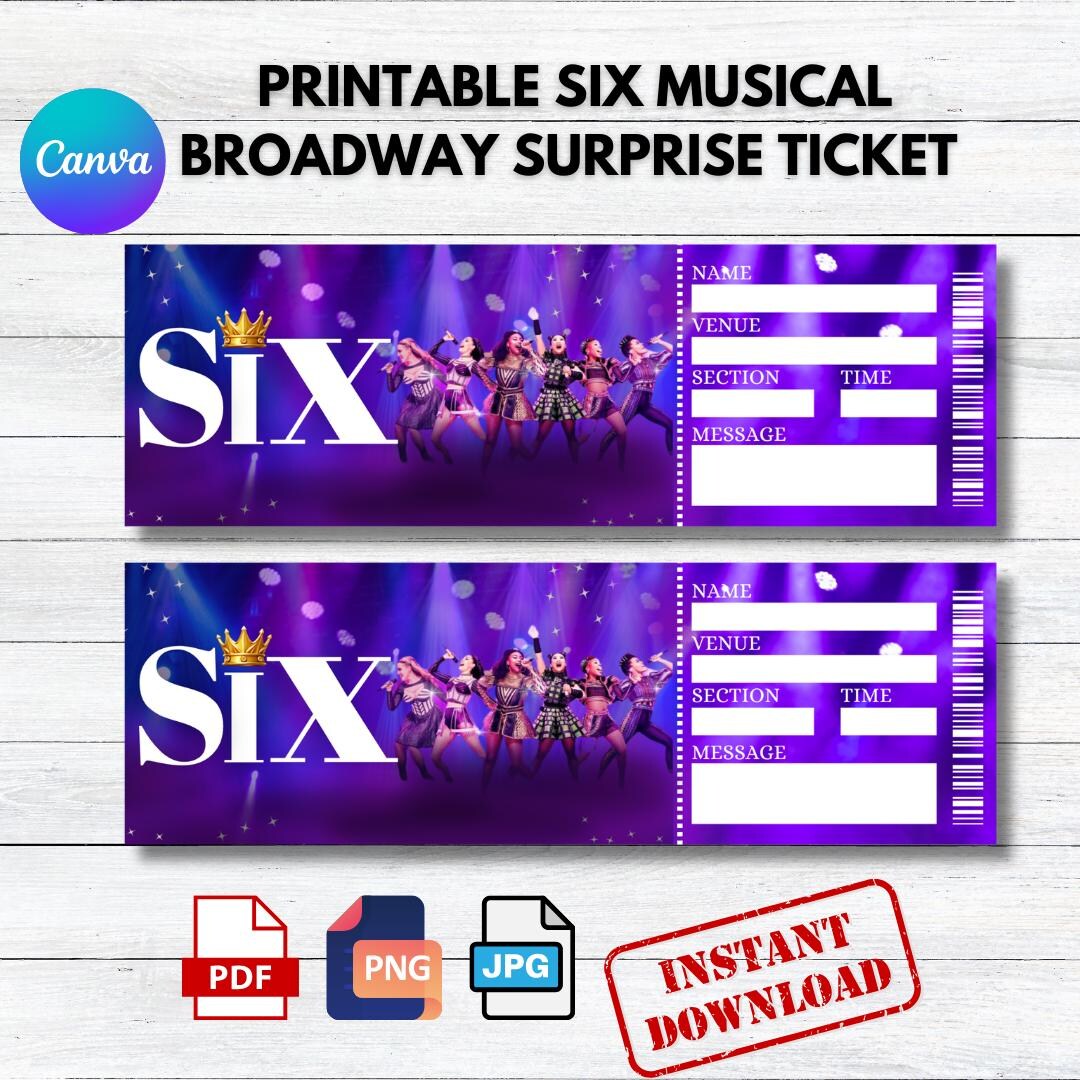 Printable Six Broadway Surprise Ticket, Six Musical Collectible Theater ...