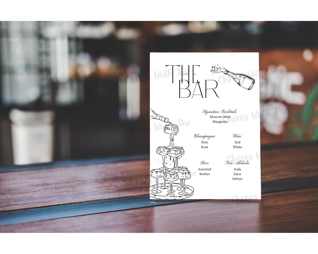 Custom Bar Menu, Signature Drinks Menu, Champagne Glasses, Minimalist ...
