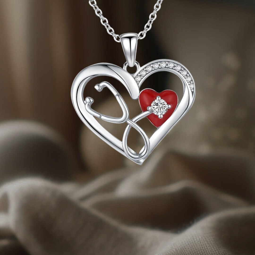 Stethoscope Heart Necklace 925 Sterling Silver Cubic Zirconia Nurse ...