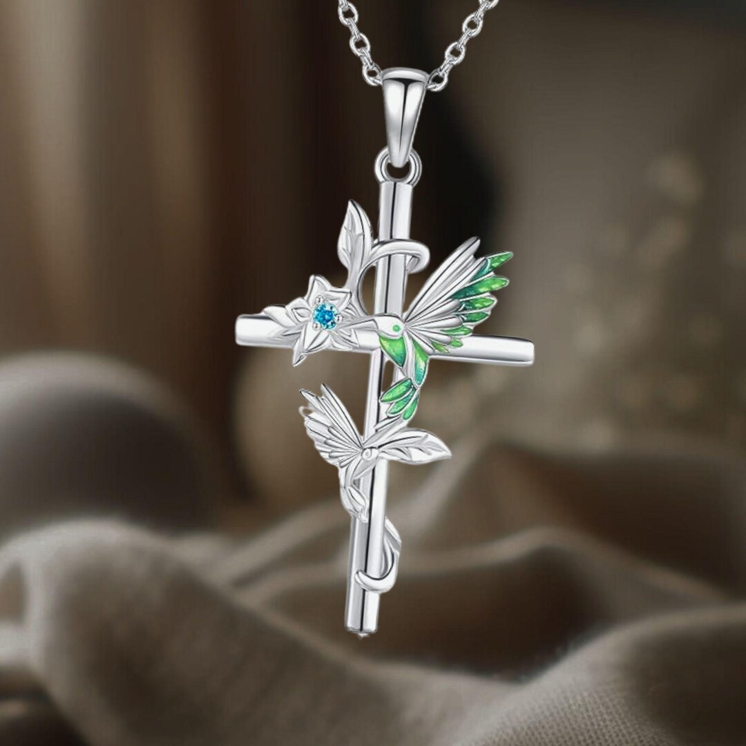 Hummingbird Christian Cross Pendant Necklace Sterling Silver - Etsy