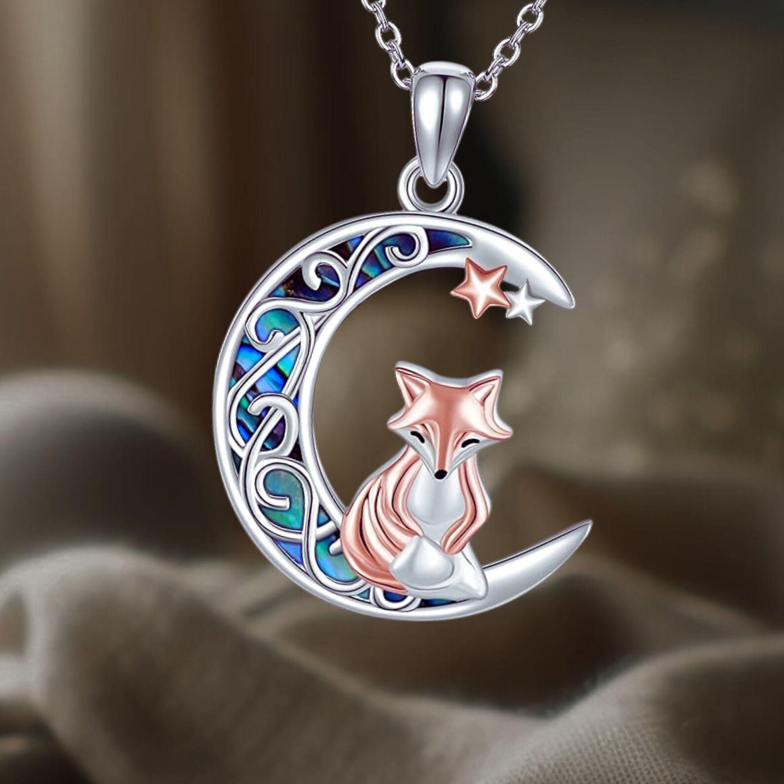 Fox Moon Necklace 925 Sterling Silver Abalone Shell Fox Crescent Moon ...