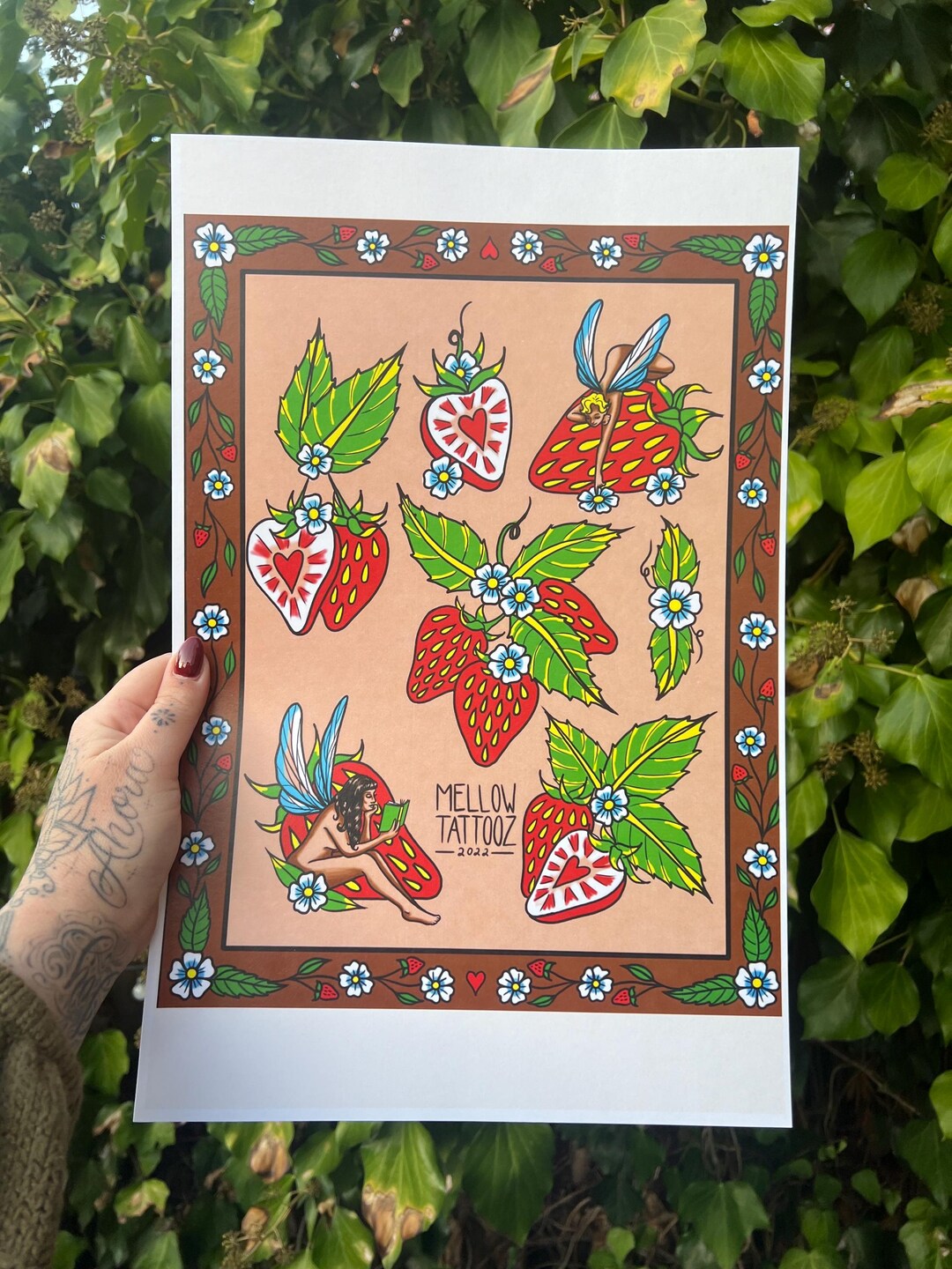 Strawberry Fruity Fairies Flash Tattoo Design Art Print Decor Gift ...