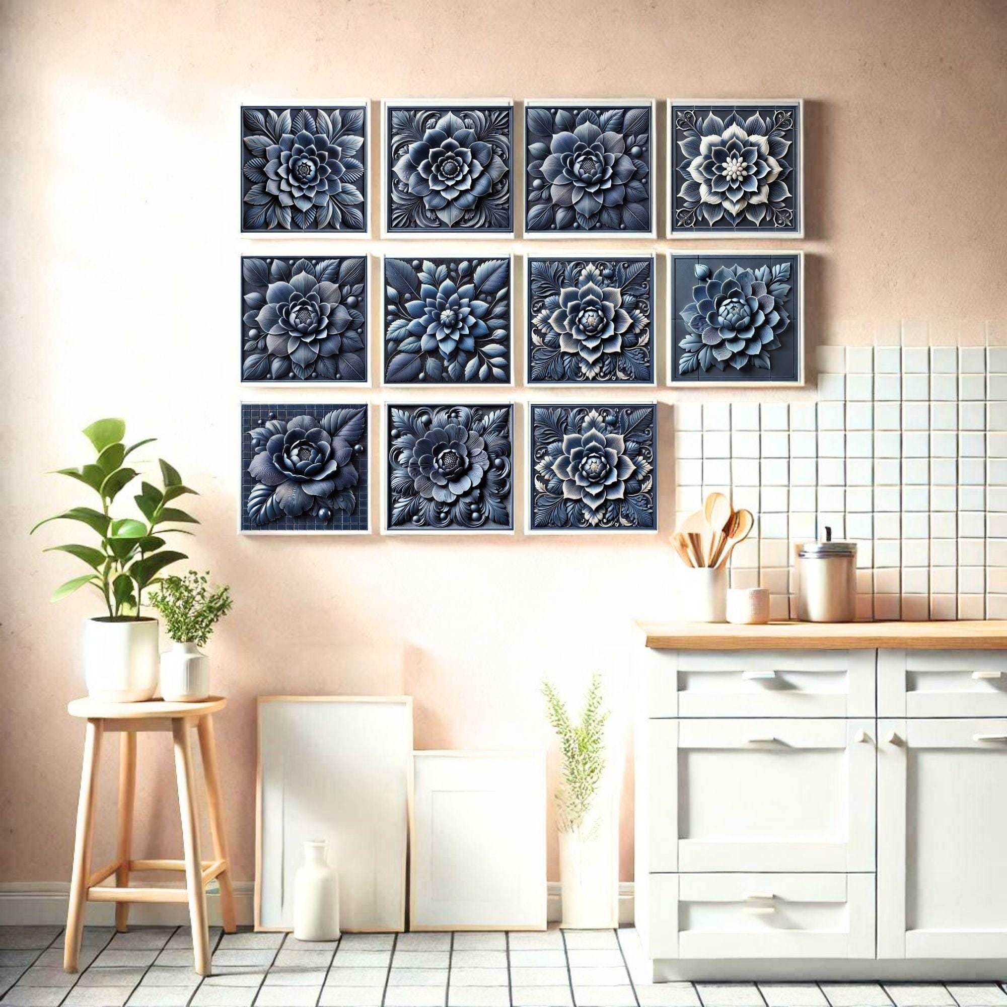 16 X 3D Navy Blue Flower Tile PNG Digital Images, 8" X 8" Print at Home ...